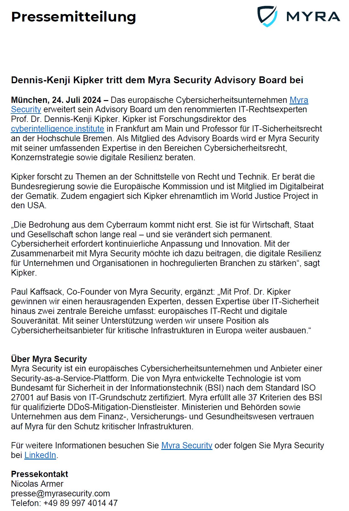 Neue Mitgliedschaft im Security Advisory Board von Myra Security in ...