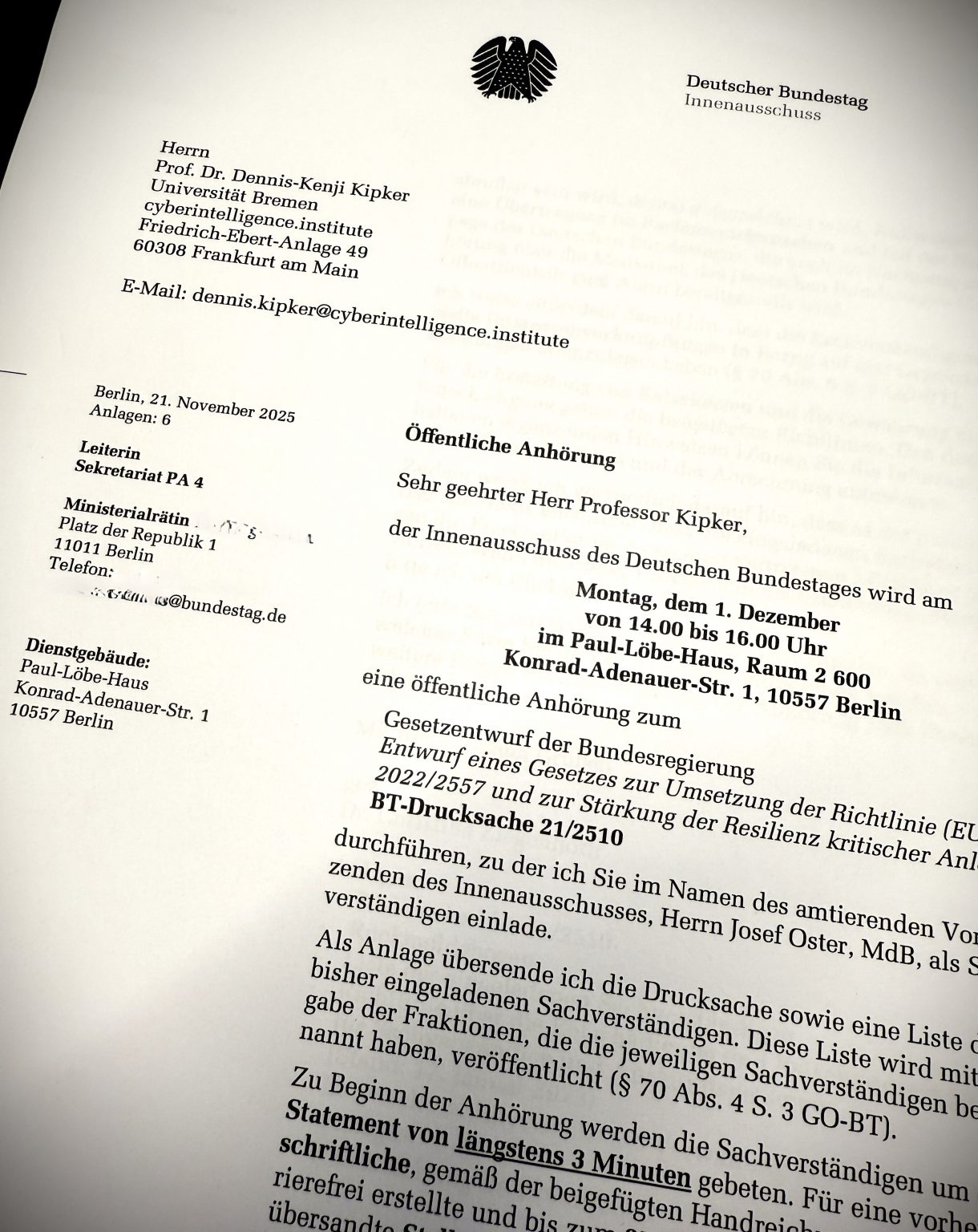 Sachverständigenanhörung zum KRITIS-Dachgesetz am 1.12.2025 im ...